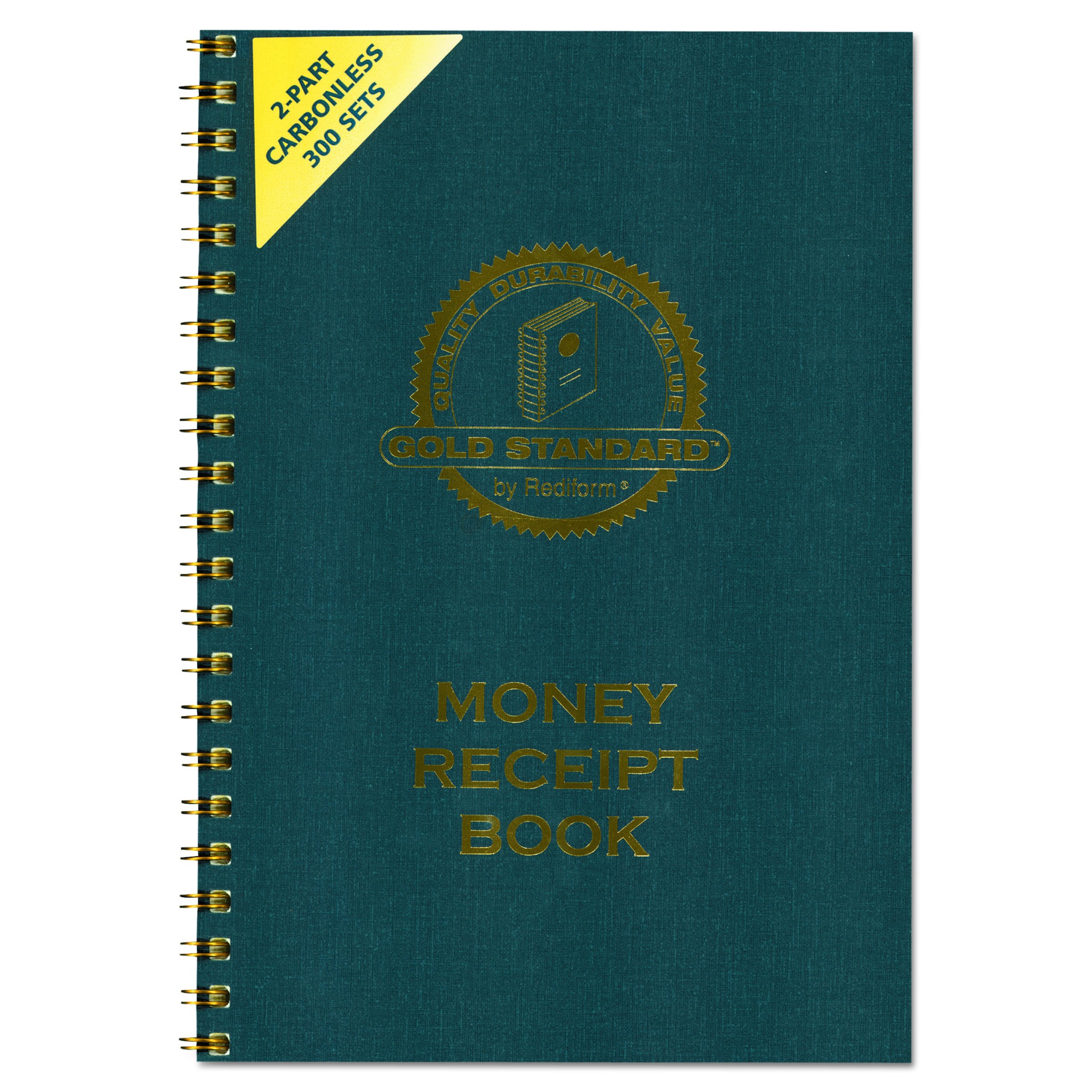 Rediform Gold Standard Money Receipt Book, 300 Sheets, Wire Bound, 2 Part Carbonless Copy, 7.62" x 11" Sheet Size, 4 Receipts Per Sheet