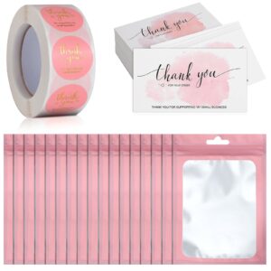 620 pieces thank cards and stickers set gold foil for supporting my small business with resealable packaging bag, suitable owners(pink)