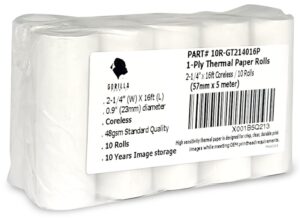 (10) gorilla supply coreless thermal paper roll 2 1/4 x 16, 1ply poynt smart payment terminal receipt printer paper rolls 2.25 x 16 ft, bpa free, 10 rolls