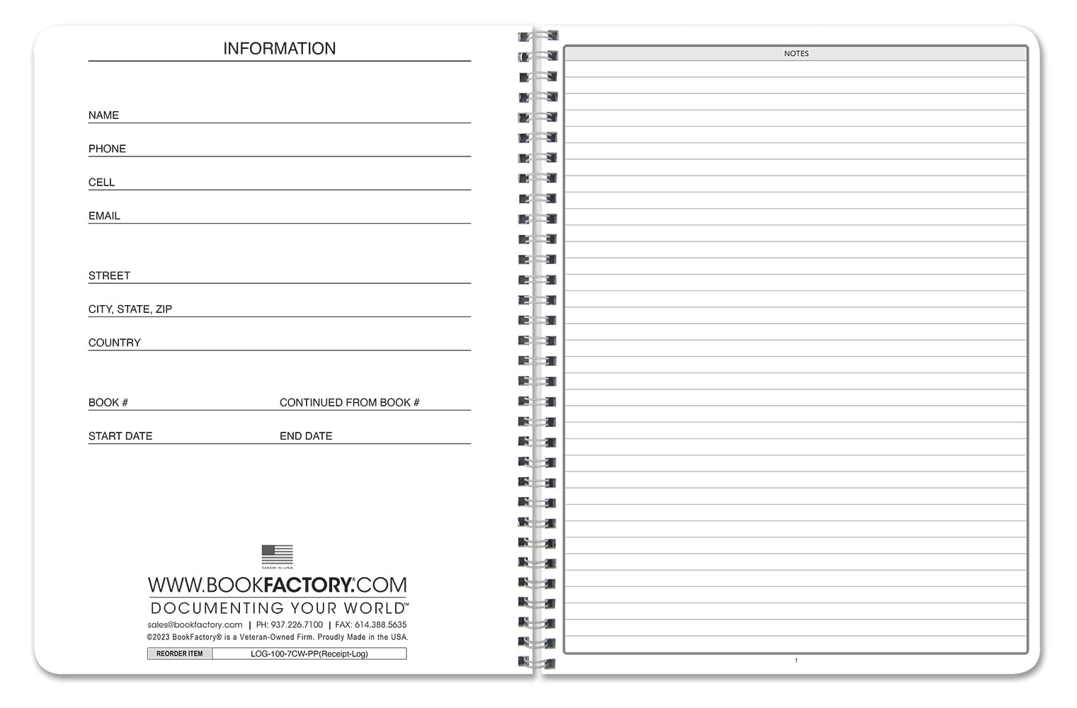 BookFactory Receipt Log Book/Business Purchase and Returns Tracking Journal - 100 Pages, 8.5" x 11", Wire-O (LOG-100-7CW-PP(Receipt-Log)-BX)