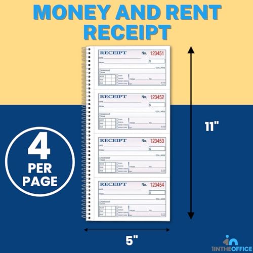 1InTheOffice Money and Rent Receipt, Carbonless Rent Receipt Book, Receipt Book, 2-Part, 4.75" x 2.75", 200 Sets/Book