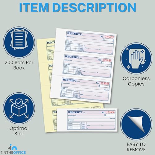 1InTheOffice Money and Rent Receipt, Carbonless Rent Receipt Book, Receipt Book, 2-Part, 4.75" x 2.75", 200 Sets/Book