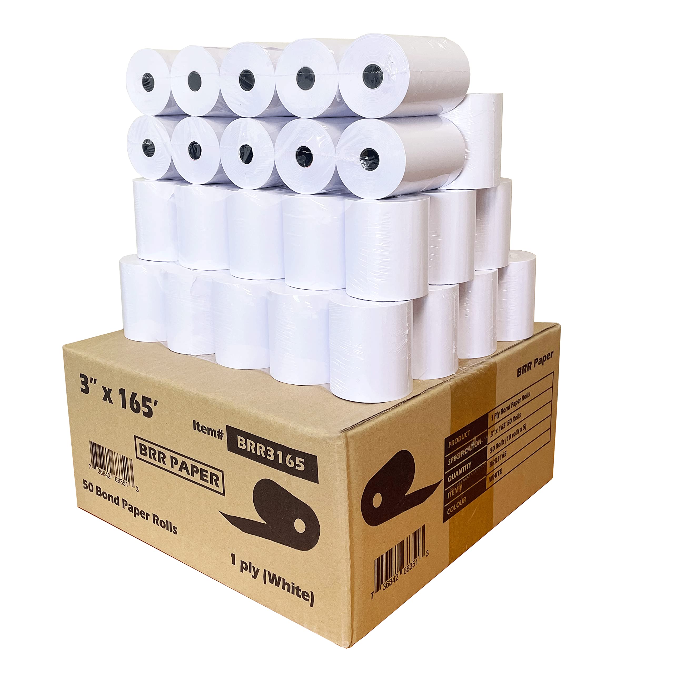 (50 Rolls) 3" x 165' 1-Ply Bond Receipt Paper POS Cash Register Paper | TMU200 SRP275 Star sp 700 Kitchen Printer Paper Rolls from Nayelish