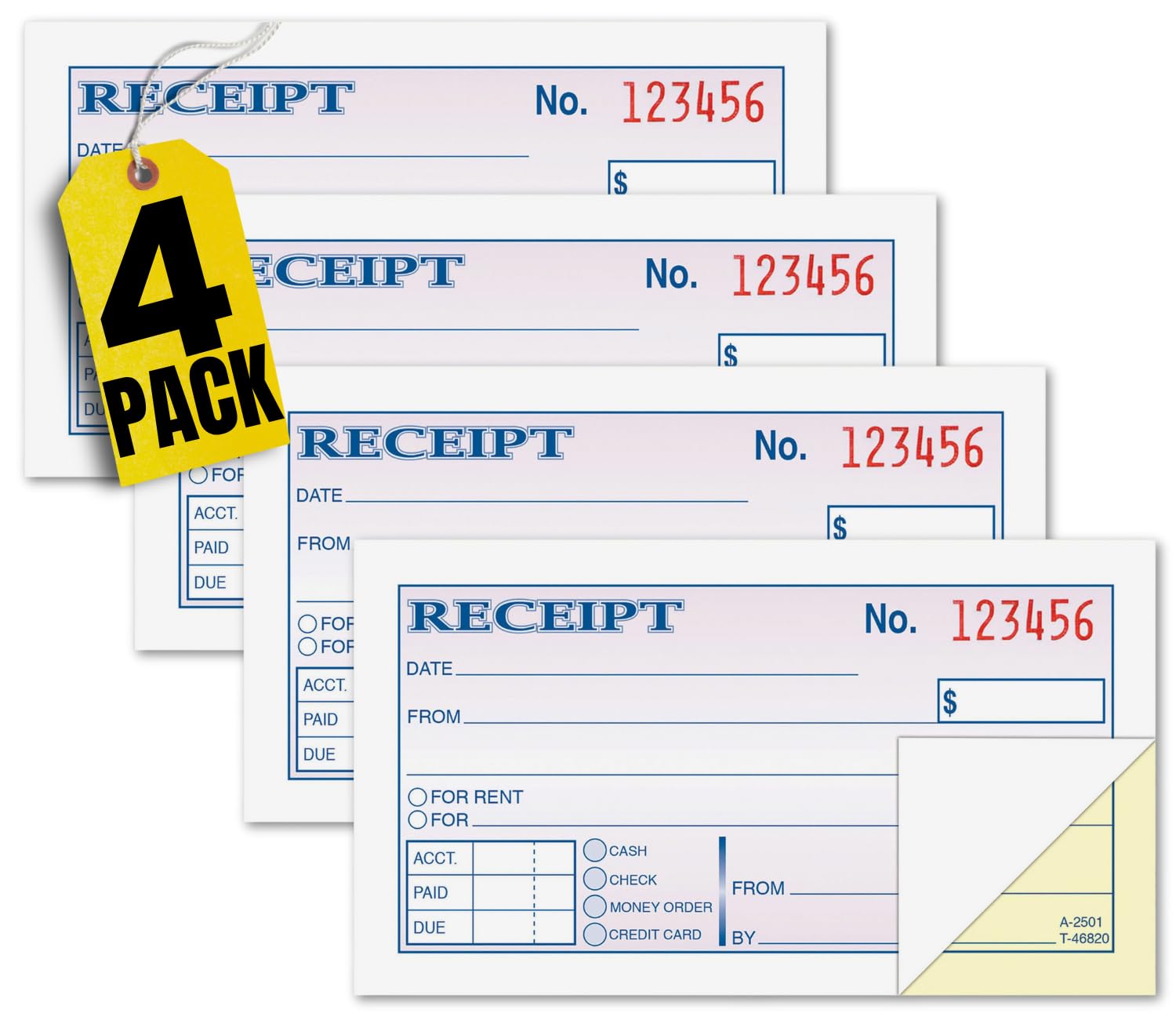 1InTheOffice Money Rent Receipt Book, 2 Part Carbonless, 2.75" x 4.78", 250 Sheets/Book, 4 Pack