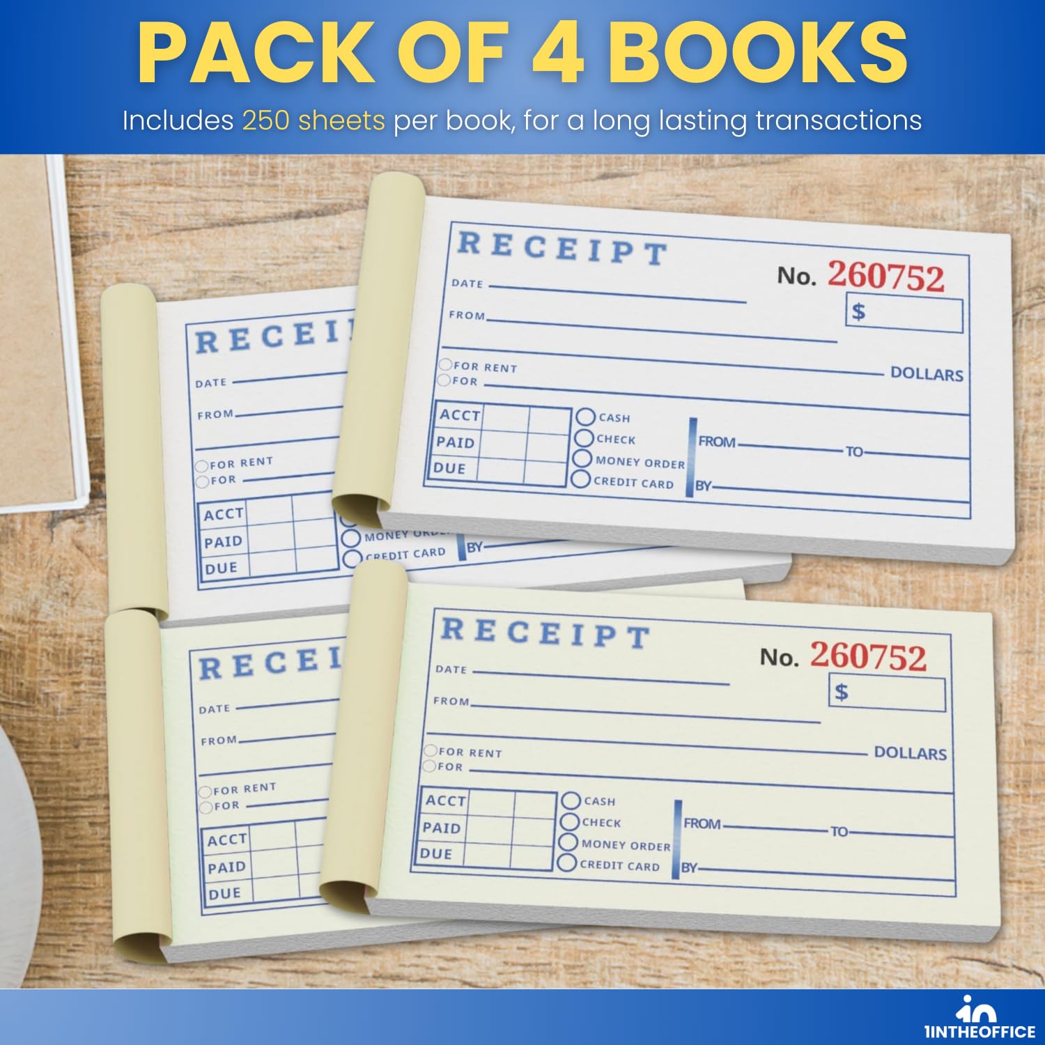 1InTheOffice Money Rent Receipt Book, 2 Part Carbonless, 2.75" x 4.78", 250 Sheets/Book, 4 Pack