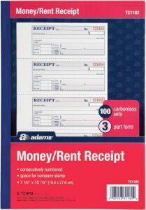 adams money and rent receipt book, 3-part, carbonless, white/canary/pink,7 5/8" x 10 7/8", 100 sets per book (tc1182) (12 pack) (two 6 packs)