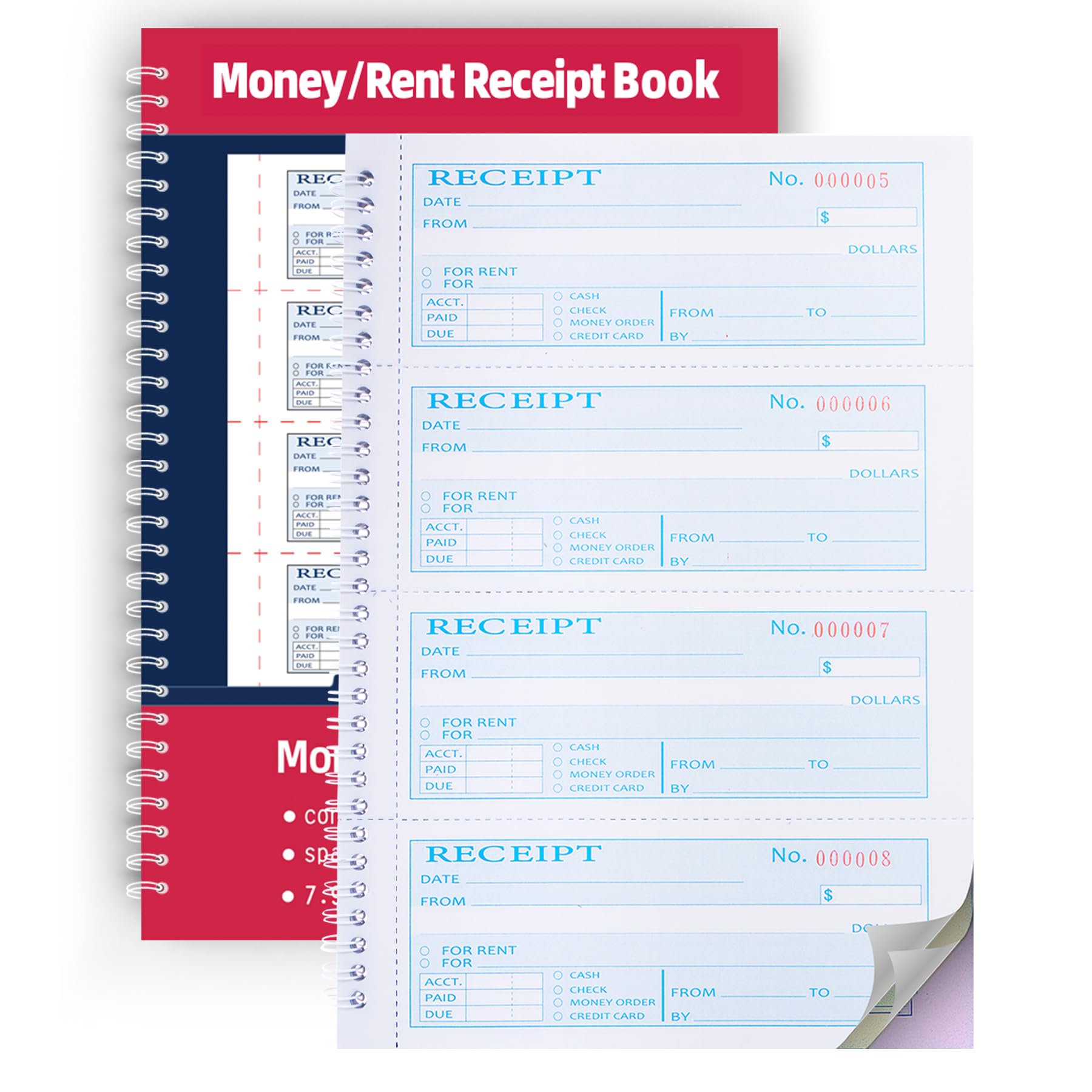 Money Rent Receipt Book,7.9x11.22 Inches 3 Part Carbonless,Receipt Book with Carbon Copies,Cash Receipt Book,100 Sets per Book