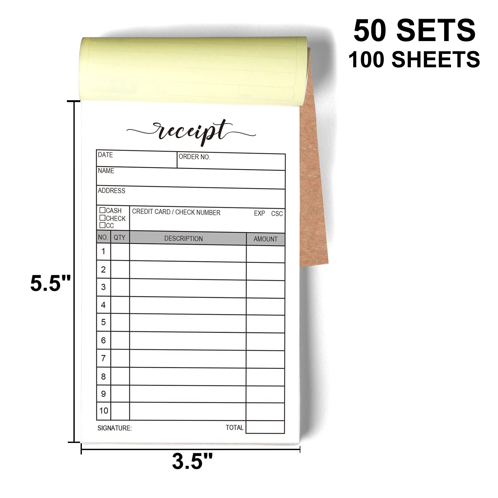 2 Packs 50-Set Receipt Pad, Carbon Duplicate Copy Sales Receipt Form, Invoice Booklet for Stores, Warehouses, Offices, and Restaurants, 3.4x5.5 Handheld, 2-Part Carbonless-White/Yellow.