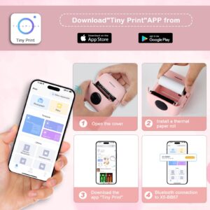 Mini Pocket Bluetooth Printer-Portable Thermal Printer with 5 Roll Papers for Journal/DIY Scrapbook/Travel/Notes/Lists/Label/Memo, Receipt Printer for Children Women Gifts Kids Christmas iOS&Android