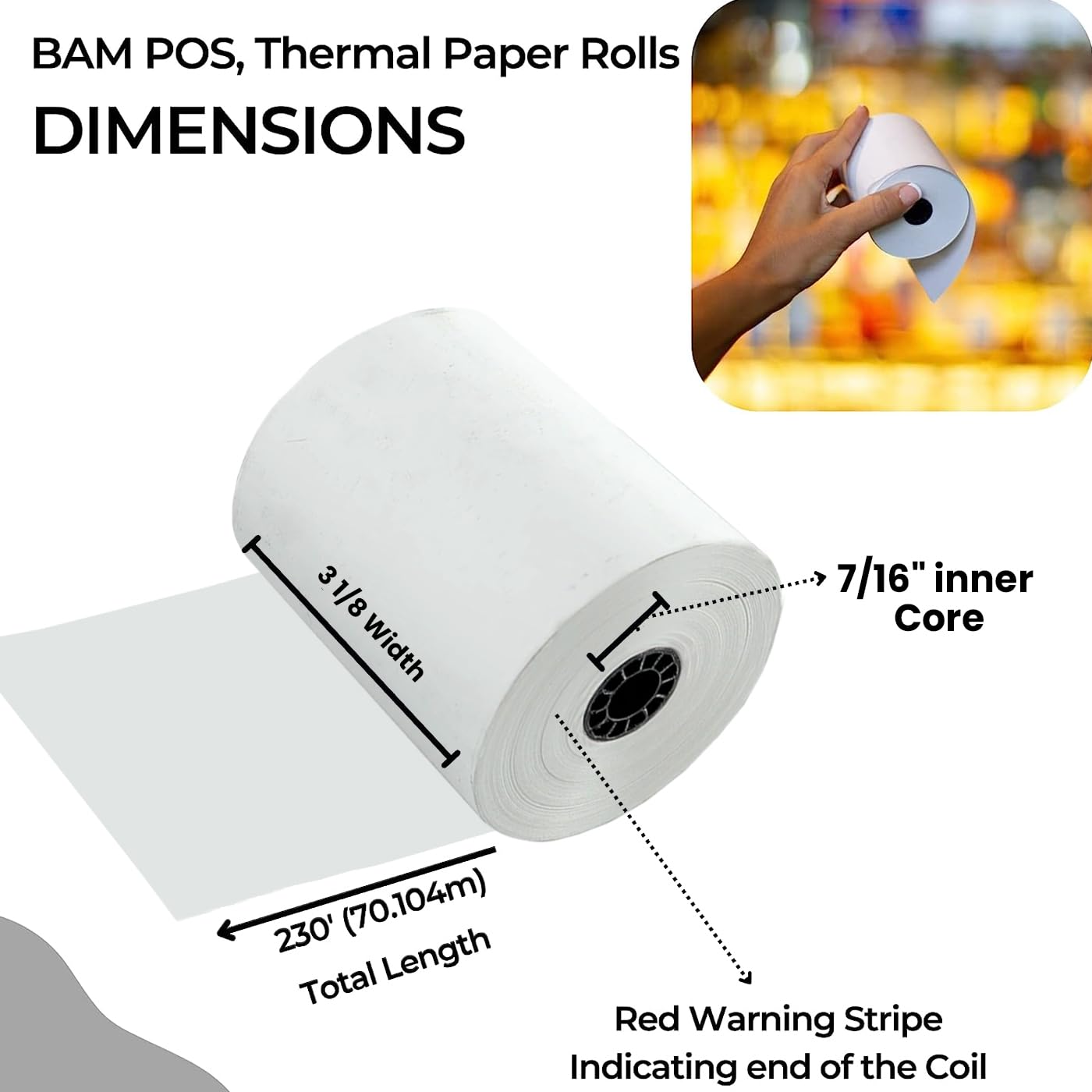 BAM POS 3-1/8" x 230 Thermal Paper Rolls - 48 GSM, Bright White, BPA Free - Easy to Use - Pack of 50 Rolls Per Case