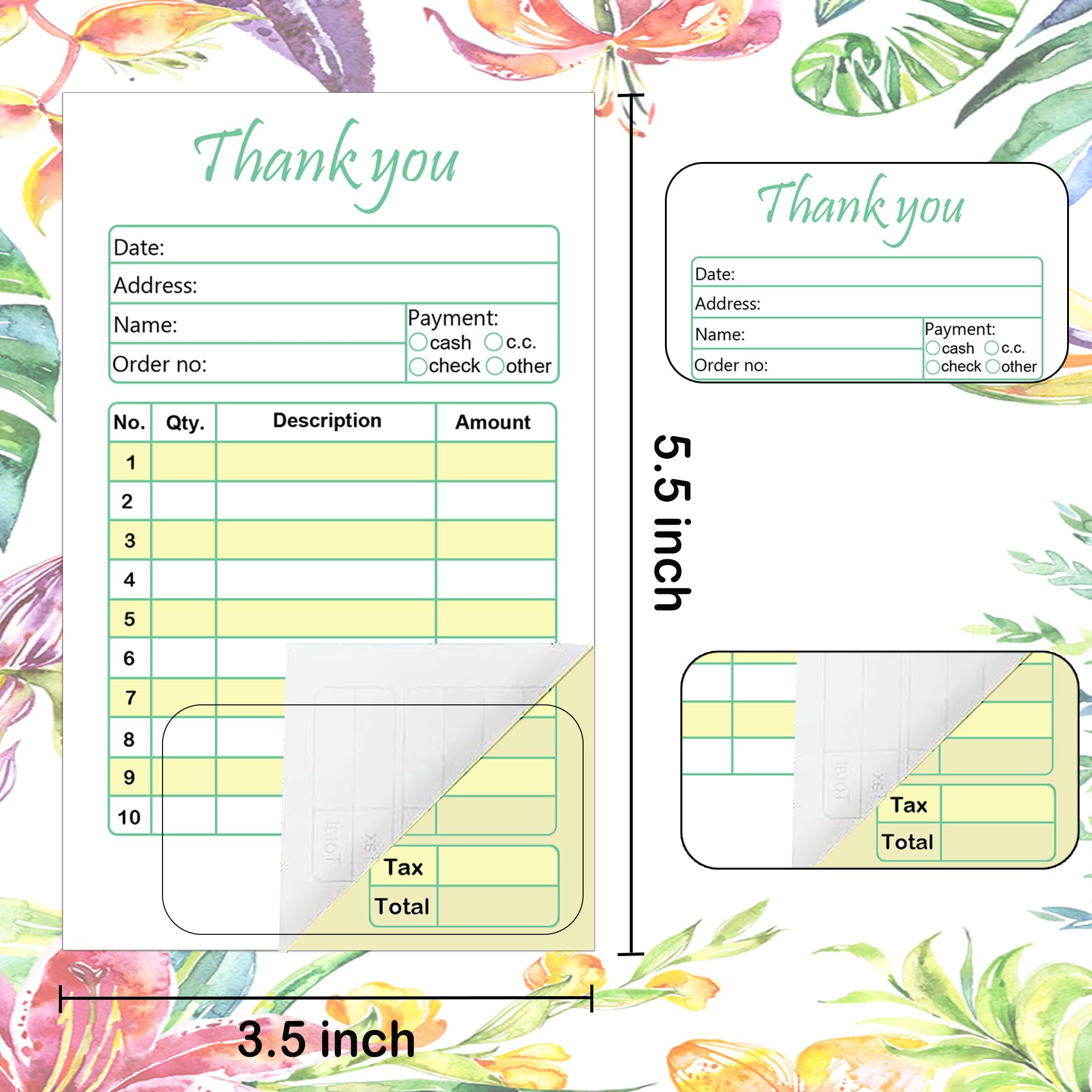 Thank You Receipt Book for Small Business 3.5x5.5 inch Receipt Book Order Forms Pad 2 Part Carbonless 50 Sets Sales Receipt Form, Order Invoice Book Invoice for Office Business Supplies