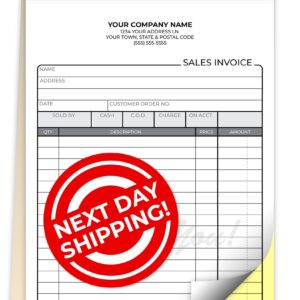 Custom Carbonless NCR Sales Invoice Form Books 5.5 x 8.5 Inches - NCR 2-Part Staple Bound Pads with Manila Cover Personalized with Company Name and Number Printed (100 Sets)