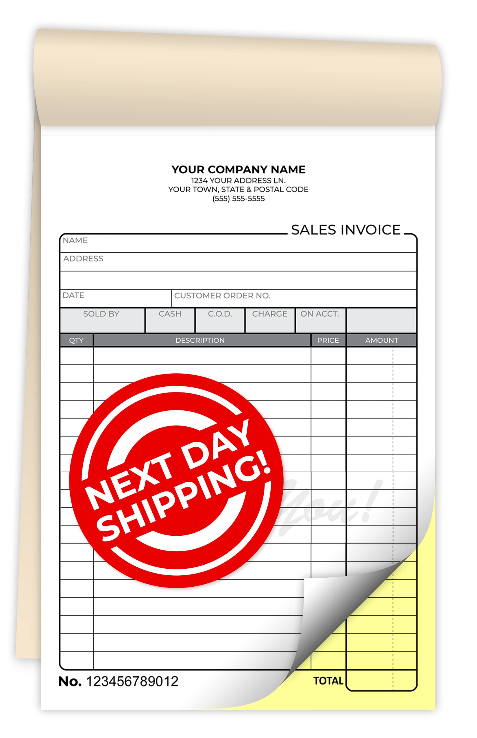 Custom Carbonless NCR Sales Invoice Form Books 5.5 x 8.5 Inches - NCR 2-Part Staple Bound Pads with Manila Cover Personalized with Company Name and Number Printed (100 Sets)