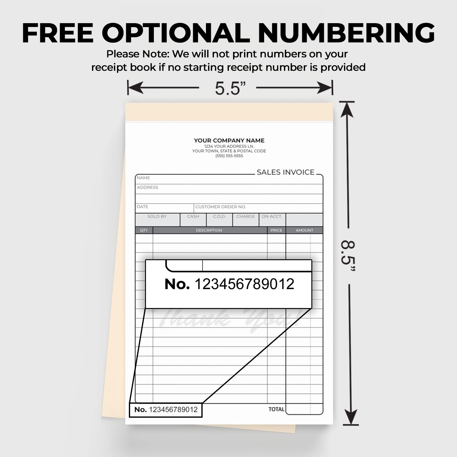 Custom Carbonless NCR Sales Invoice Form Books 5.5 x 8.5 Inches - NCR 2-Part Staple Bound Pads with Manila Cover Personalized with Company Name and Number Printed (100 Sets)