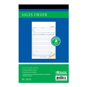 bazic sales order book, 50 sets 5 9/16" x 8 7/16" 2-part carbonless, white & canary, bound wraparound cover (50 sets/pack), 1-pack