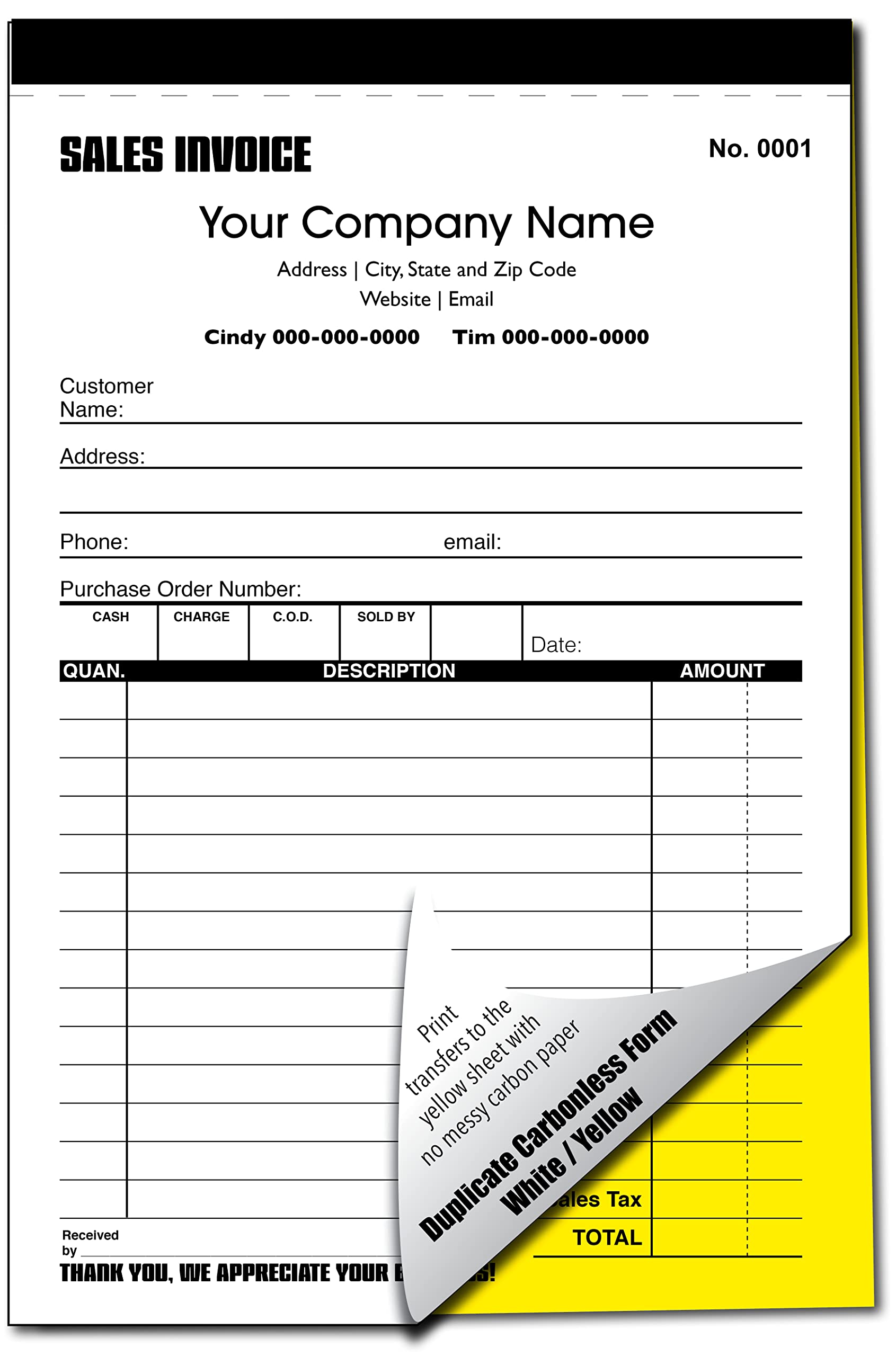 Custom Sales Invoice Personalized Duplicate Carbonless Form with Your Company Name - 2 Books (100 Sets) Numbered