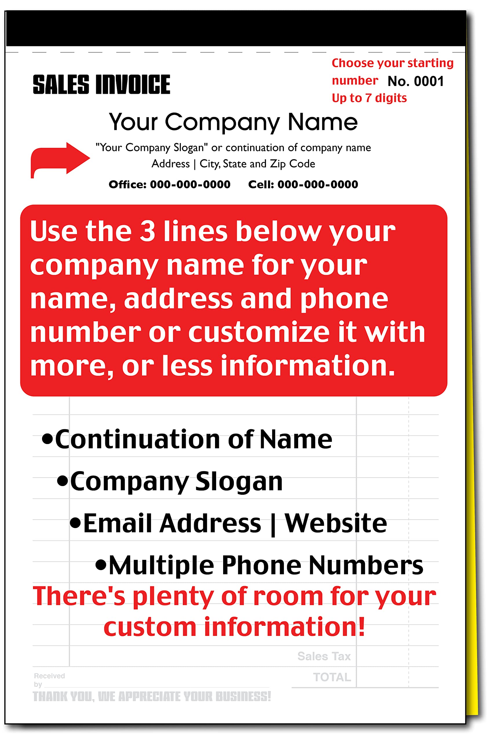 Custom Sales Invoice Personalized Duplicate Carbonless Form with Your Company Name - 2 Books (100 Sets) Numbered