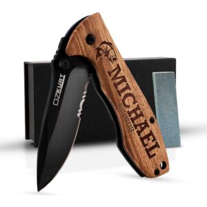 gifts for men, personalized engraved oak wood pocket knife - 36 icons, 20 stylish font - custom pocket knives