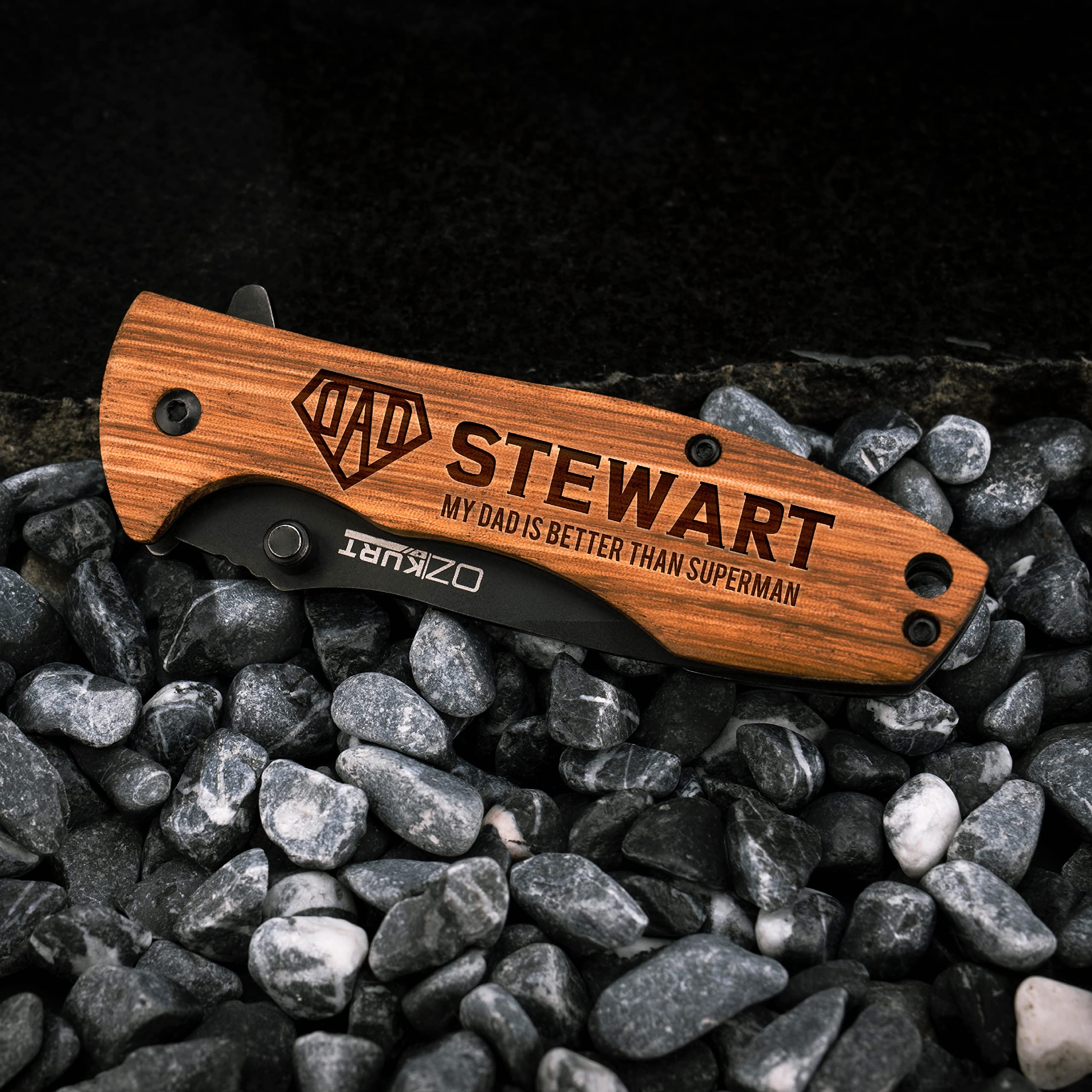 Gifts for Men, Personalized Engraved Oak Wood Pocket Knife - 36 Icons, 20 Stylish Font - Custom Pocket Knives