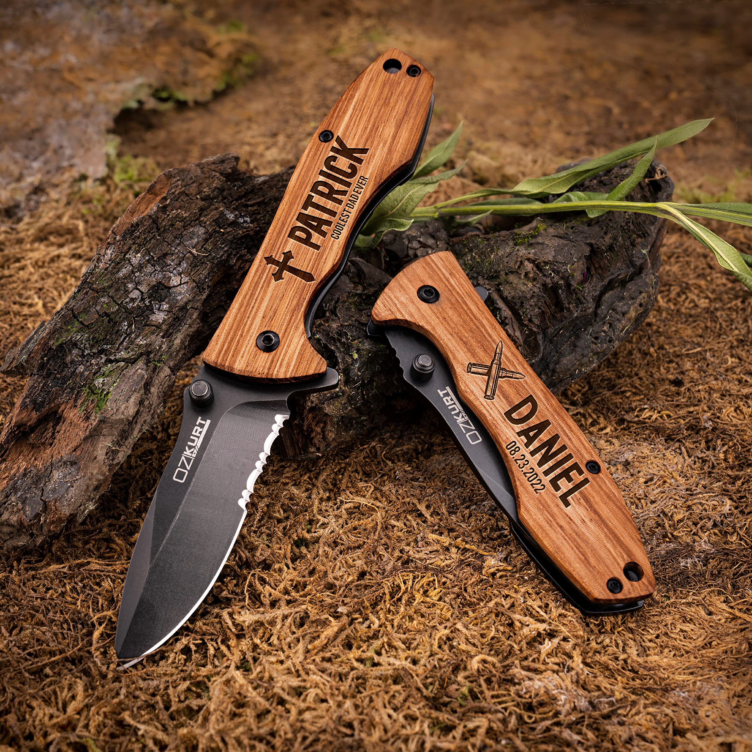 Gifts for Men, Personalized Engraved Oak Wood Pocket Knife - 36 Icons, 20 Stylish Font - Custom Pocket Knives