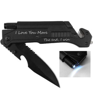 fanfoobi engraved hunting pocket knife, i love you more, pocket knife for men with 6 functions, led light, fire starter, bottle opener,seat belt cutter,glass breaker, mens pocket knife