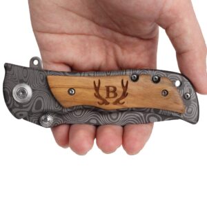 fanfoobi laser engraved pocket knife with monogrammed b(from alphabet 26 a-z), men anniversary present, knife for men