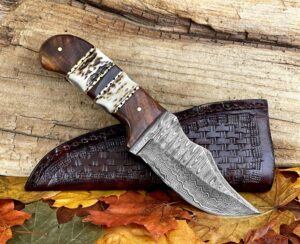 winterfell personalized stag horn handle fixed blade damascus hunting knife with sheath, engraved custom gifts for hunter, customized gift for husband, dad, son, boyfriend, father's day gift