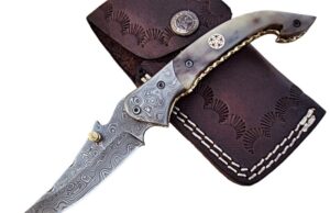 limited edition - fna-32 custom handmade damascus steel folding knife - beautiful camel bone handle with damascus steel bolsters