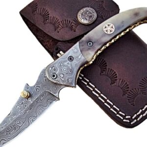 Limited Edition - FNA-32 Custom Handmade Damascus Steel Folding Knife - Beautiful Camel Bone Handle with Damascus Steel Bolsters