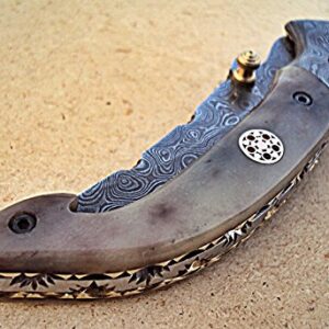 Limited Edition - FNA-32 Custom Handmade Damascus Steel Folding Knife - Beautiful Camel Bone Handle with Damascus Steel Bolsters