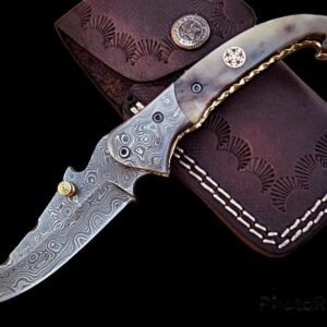 Limited Edition - FNA-32 Custom Handmade Damascus Steel Folding Knife - Beautiful Camel Bone Handle with Damascus Steel Bolsters