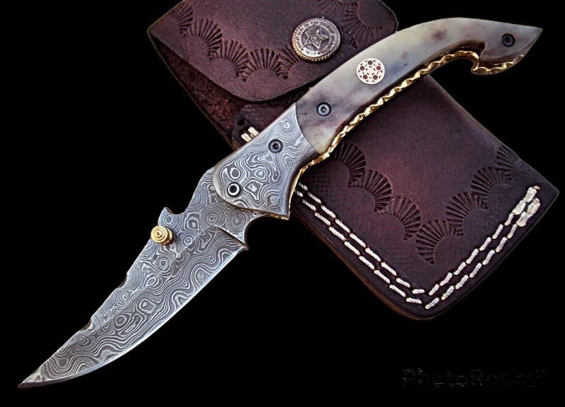 Limited Edition - FNA-32 Custom Handmade Damascus Steel Folding Knife - Beautiful Camel Bone Handle with Damascus Steel Bolsters