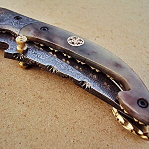 Limited Edition - FNA-32 Custom Handmade Damascus Steel Folding Knife - Beautiful Camel Bone Handle with Damascus Steel Bolsters