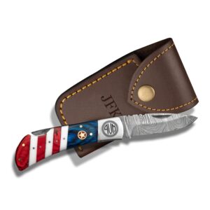 morf steelware customized american flag damascus pocket knife, usa patriotic damascus folding knife survival pocket knife for men, handmade camping & hunting knife with sheath