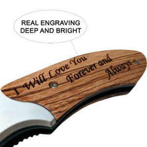 Engraved Pocket Knife for Mens - Anniversary Unique Gifts For Him - Wood Handle Folding Knife with Clip - Christmas Birthday Gift - Presents for Men, Husband, Boyfriend Gifts (Forever and Always)