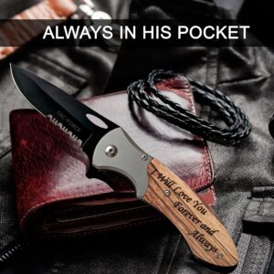 Engraved Pocket Knife for Mens - Anniversary Unique Gifts For Him - Wood Handle Folding Knife with Clip - Christmas Birthday Gift - Presents for Men, Husband, Boyfriend Gifts (Forever and Always)