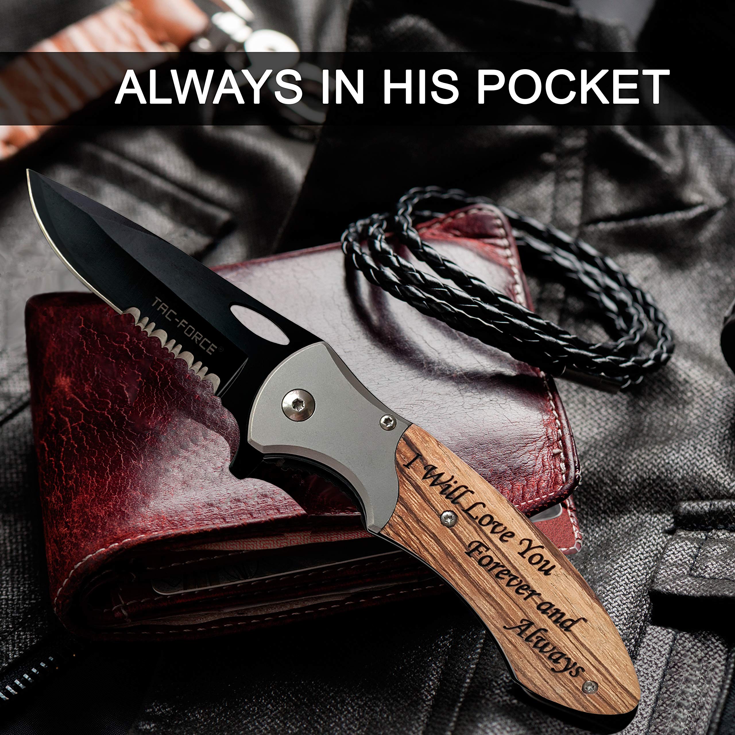 Engraved Pocket Knife for Mens - Anniversary Unique Gifts For Him - Wood Handle Folding Knife with Clip - Christmas Birthday Gift - Presents for Men, Husband, Boyfriend Gifts (Forever and Always)