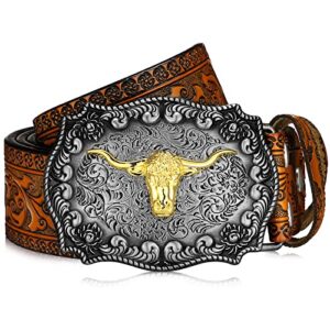 jadive western leather buckle belts cowboy longhorn bull pattern buckle belt floral engraved buckle belt for men (camel, 45 inch)