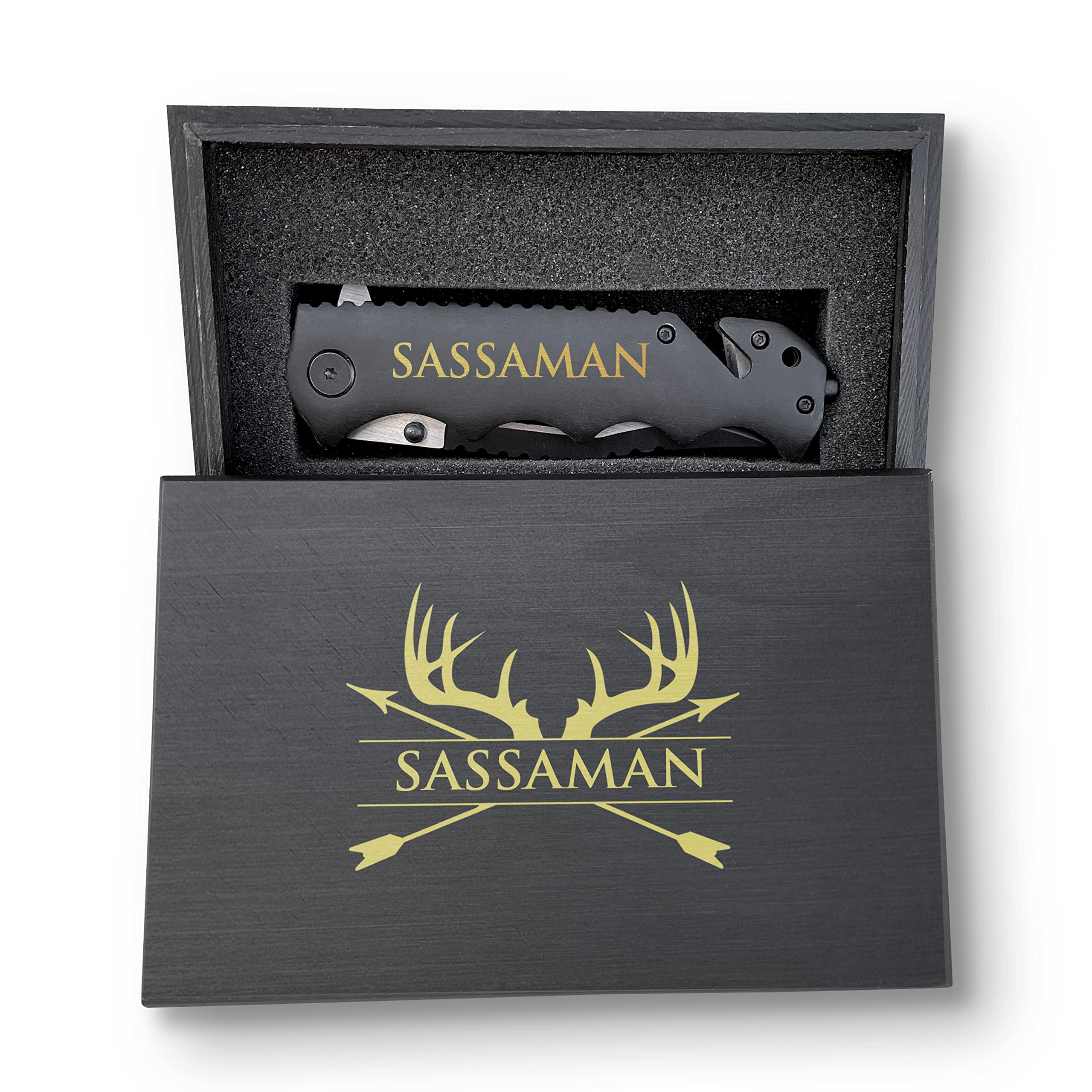 Krezy Case Personalized Knife with Glass Breaker, Multi-Purpose Knife with Engraved Box, Saasaman' Engraved Customized Knife