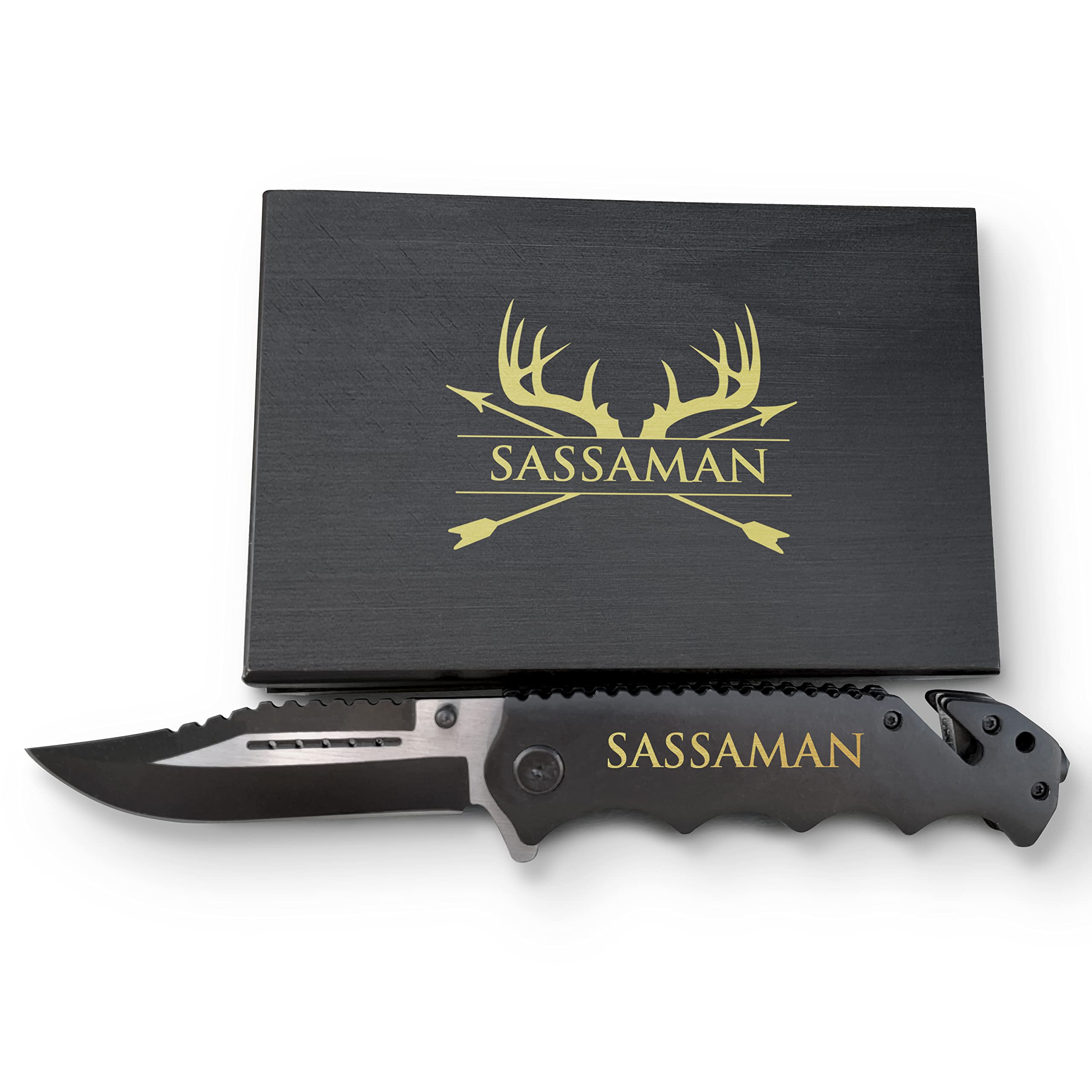 Krezy Case Personalized Knife with Glass Breaker, Multi-Purpose Knife with Engraved Box, Saasaman' Engraved Customized Knife