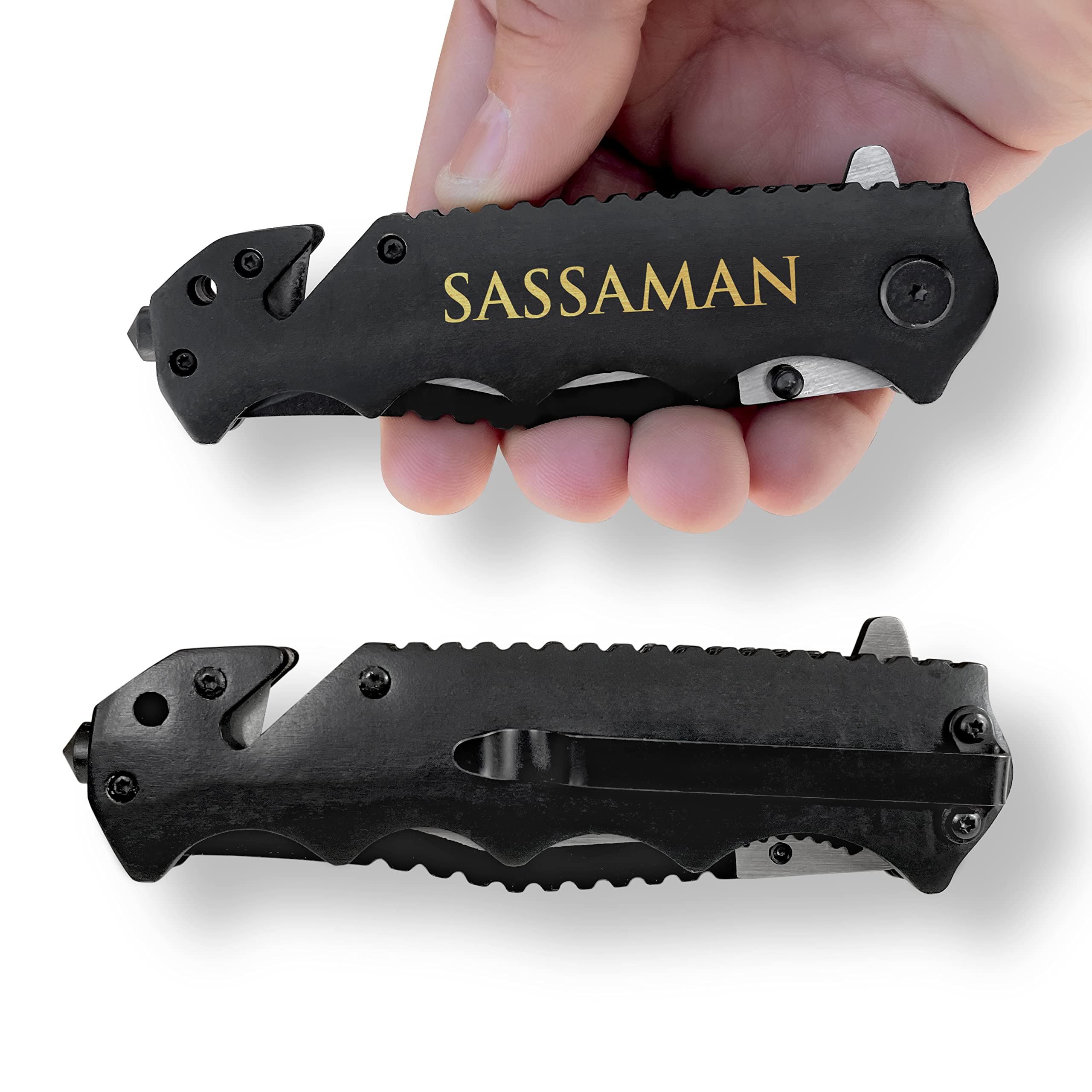 Krezy Case Personalized Knife with Glass Breaker, Multi-Purpose Knife with Engraved Box, Saasaman' Engraved Customized Knife