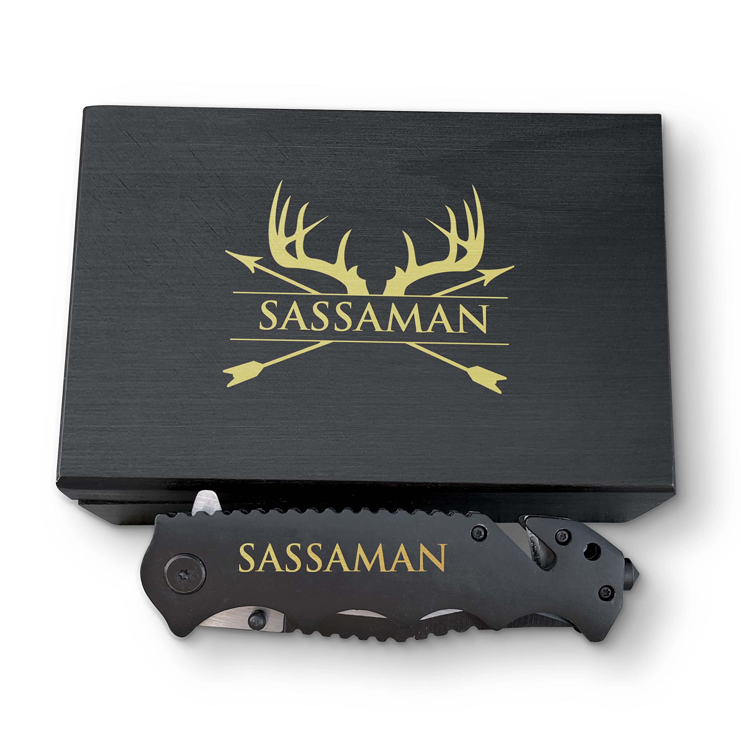 Krezy Case Personalized Knife with Glass Breaker, Multi-Purpose Knife with Engraved Box, Saasaman' Engraved Customized Knife