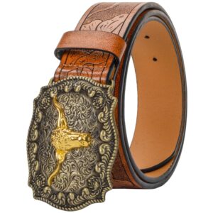 utowo western pu-leather cowboy cowgirl buckle belt for men women jeans - engraved floral golden longhorn bull texas buckle belt