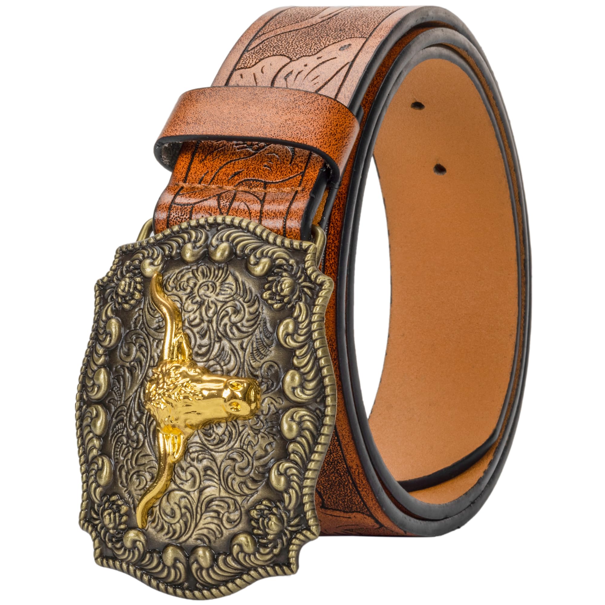 UTOWO Western PU-Leather Cowboy Cowgirl Buckle Belt for Men Women Jeans - Engraved Floral Golden Longhorn Bull Texas Buckle Belt