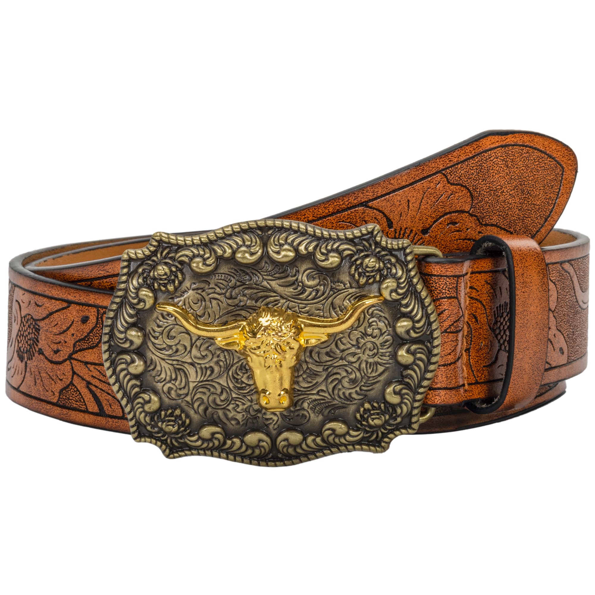 UTOWO Western PU-Leather Cowboy Cowgirl Buckle Belt for Men Women Jeans - Engraved Floral Golden Longhorn Bull Texas Buckle Belt