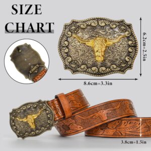 UTOWO Western PU-Leather Cowboy Cowgirl Buckle Belt for Men Women Jeans - Engraved Floral Golden Longhorn Bull Texas Buckle Belt