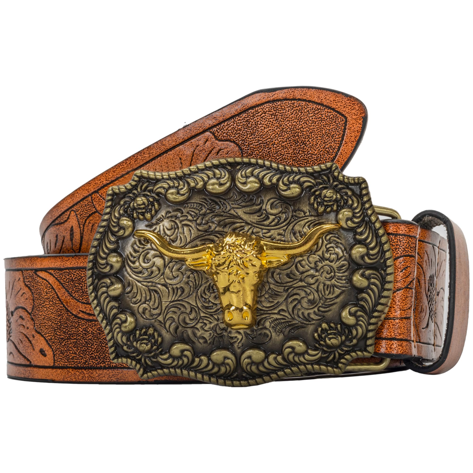 UTOWO Western PU-Leather Cowboy Cowgirl Buckle Belt for Men Women Jeans - Engraved Floral Golden Longhorn Bull Texas Buckle Belt