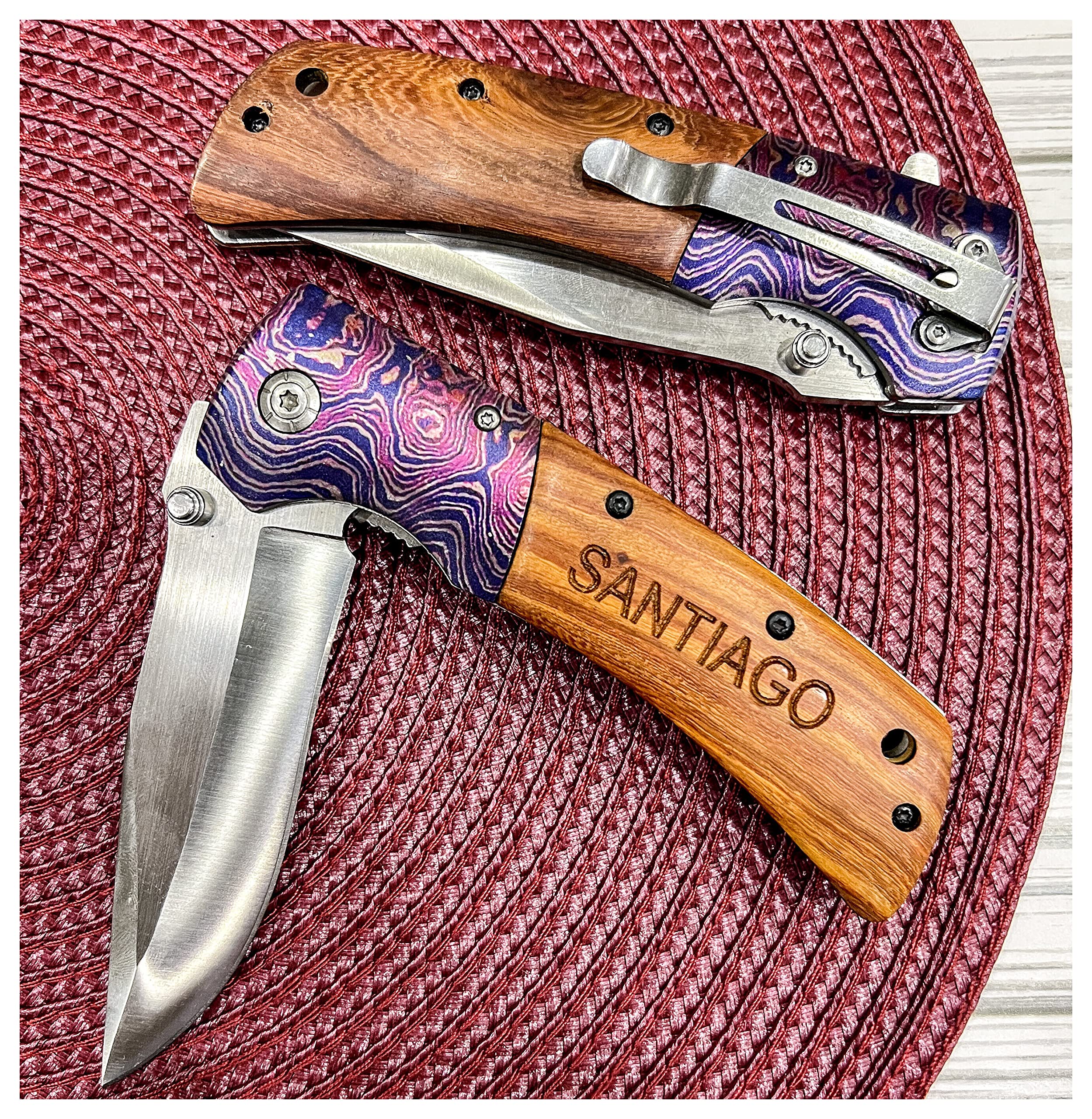 Gifts for Men - Custom Engraved Pocket Knife - Fishing Camping Hunting Personalized Gift Sturdy Wooden Handle & Sharp Thick Blade, Perfect for Dad Boyfriend Groomsmen Husband Son Father's Day Anniversary Birthday Valentines & More (Knife Engraved)