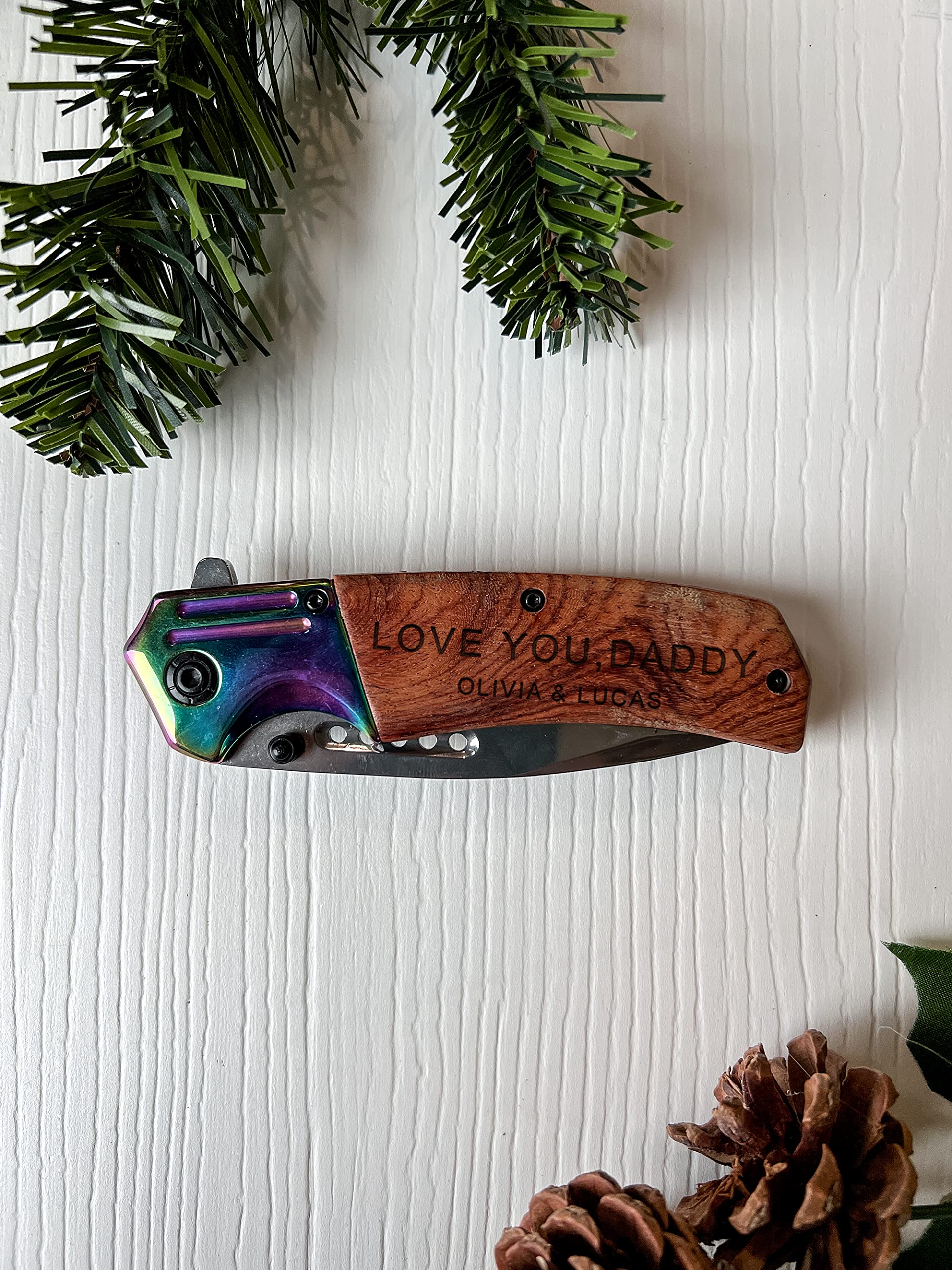 Gifts for Men - Custom Engraved Pocket Knife - Fishing Camping Hunting Personalized Gift Sturdy Wooden Handle & Sharp Thick Blade, Perfect for Dad Boyfriend Groomsmen Husband Son Father's Day Anniversary Birthday Valentines & More (Knife Engraved)