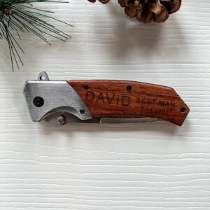 Gifts for Men - Custom Engraved Pocket Knife - Fishing Camping Hunting Personalized Gift Sturdy Wooden Handle & Sharp Thick Blade, Perfect for Dad Boyfriend Groomsmen Husband Son Father's Day Anniversary Birthday Valentines & More (Knife Engraved)